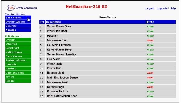 Screens of the new web interface for the NetGuardian 216 G3